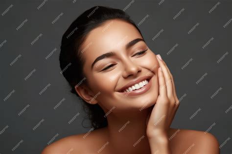 Premium Photo Smiling Woman Touching Face Waist Up Portrait Of