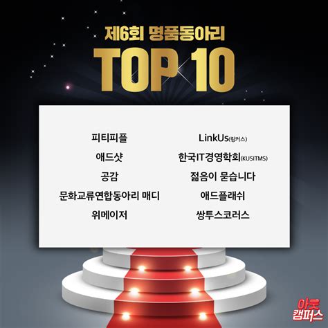 아웃캠퍼스 제6회 아웃캠퍼스 명품동아리 Top 10이 발표되었습니다 모두 축하드립니다 자세히 Facebook