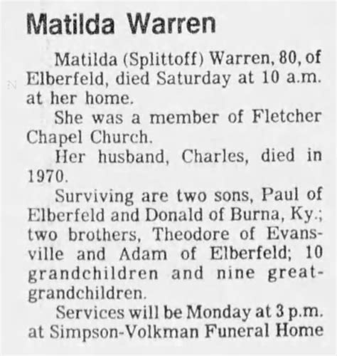 Obituary For Matilda Warren Aged 80