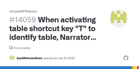 When Activating Table Shortcut Key T To Identify Table Narrator Is
