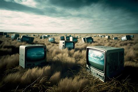 Field Covered With Old Analog Tv Sets At Summer Daylight Neural