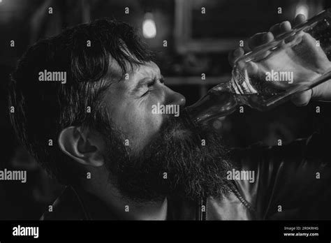 Upset Man Drinker Alcoholic With Glass Drinking Whiskey Alone Sad