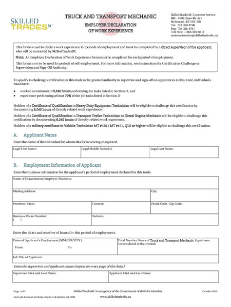 Fillable Online Truck And Transport Mechanic Employer Declaration