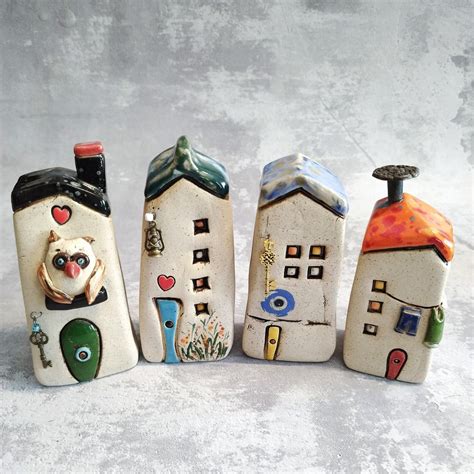 Set Of Two Tiny Ceramic Houses Home Miniature Pottery Set House Art