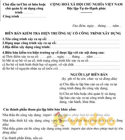 Mẫu biên bản kiểm tra hiện trường sự cố công trình xây dựng HoaTieu vn