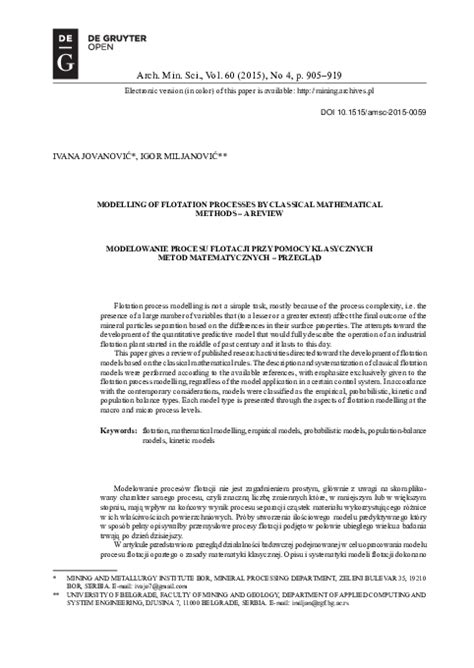 Pdf Modelling Of Flotation Processes By Classical Mathematical