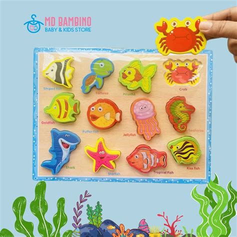 Puzzle Jouets éducatif Montessori en bois avec noms de Poissons pour