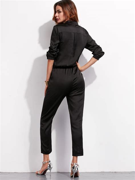 Black Elastic Waist Button Front Jumpsuit Shein Sheinside