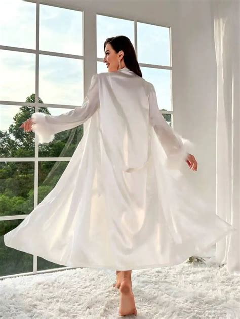 Contrast Lace Belted Satin Robe And Cami Dress Set Socohoodie