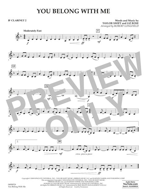 You Belong With Me Arr Robert Longfield Bb Clarinet 2 By Taylor
