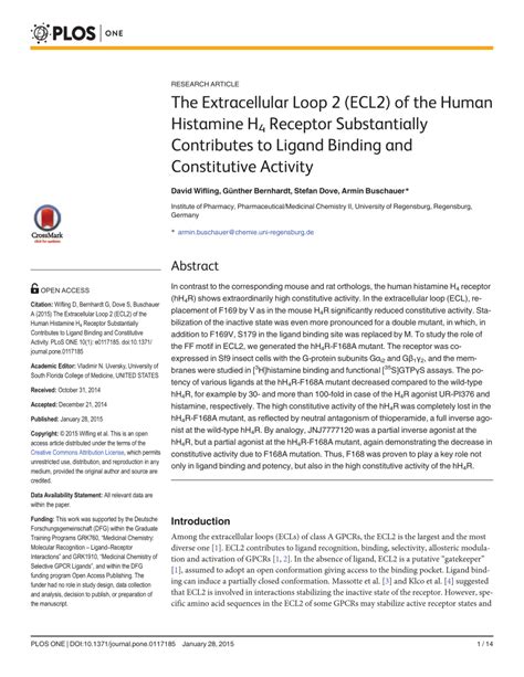 Pdf The Extracellular Loop 2 Ecl2 Of The Human Histamine H4
