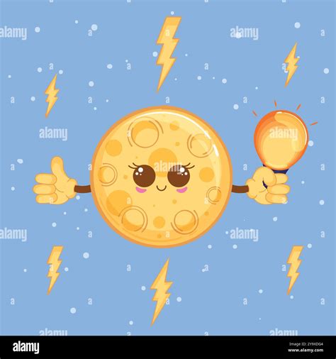 Happy Moon Holding Lightbulb With Lightning Bolts Vector Illustration Stock Vector Image And Art