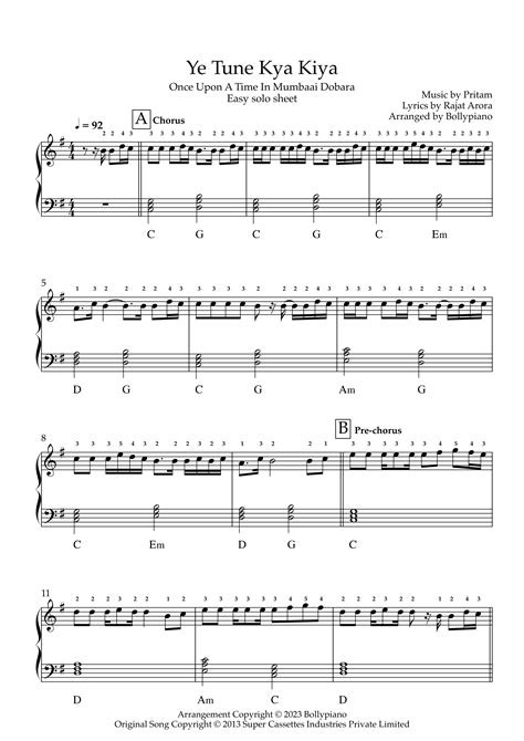 Ye Tune Kya Kiya Easy Solo Sheet Bollypiano