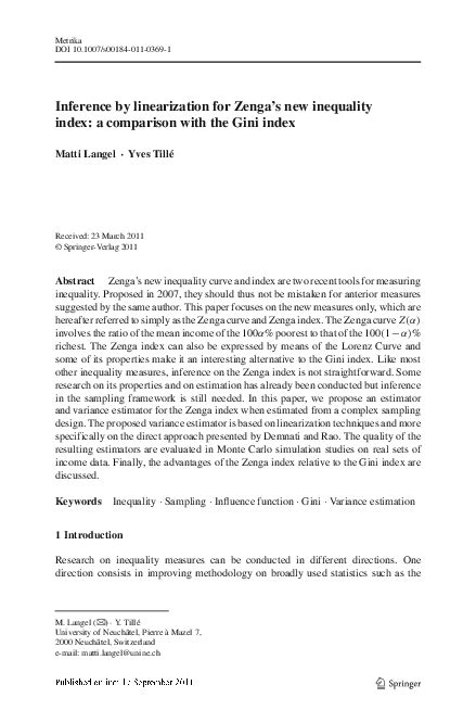 Pdf Inference By Linearization For Zengas New Inequality Index A
