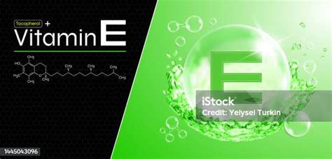 비타민 E 물방울 물이 튀는 녹색이 떨어집니다 토코페롤 복합체와 천연 화학 공식 뷰티 케어 디자인 의학 및 과학 개념 3차원 형태에 대한 스톡 벡터 아트 및 기타 이미지