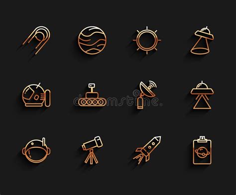 Set Line Astronaut Helmet Telescope Satellite Rocket Ship With Fire