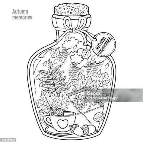 어른 들을 위한 색칠 공부 책입니다 가 사랑의 추억과 함께 유리 용기 비가 커피 또는 차 한 잔 꽃과 슬픈 분위기와 봉투와 병 찻잔에 대한 스톡 벡터 아트 및 기타 이미지