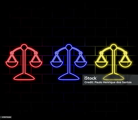 윤곽선 네온 정의 저울 아이콘 빛나는 네온 판사 저울 기호 천칭자리 그림 법적 판단 정의의 균형 정직한 법률 법원 및 재판 변호사 기관 벡터 아이콘 세트 Ui 기호 0명에
