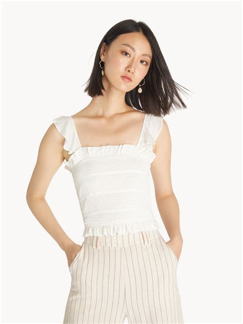 Ruffled Strap Smock Crop Top White Pomelo Fashion