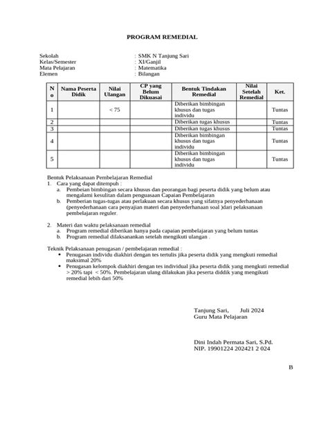 Program Remedial Form Pdf