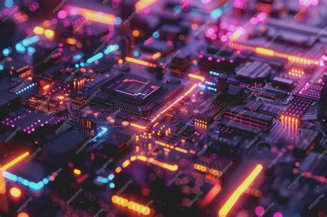Futuristic Advanced Technology In Bright Colors Data Flows Through The Microchip And Motherboard
