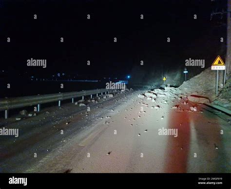 Chengdu 26th Jan 2023 Fallen Rocks After A Landslide Are Seen On A