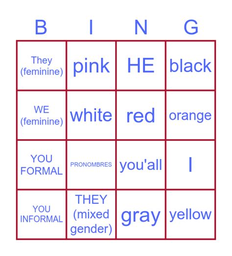 Pronombres Bingo Card