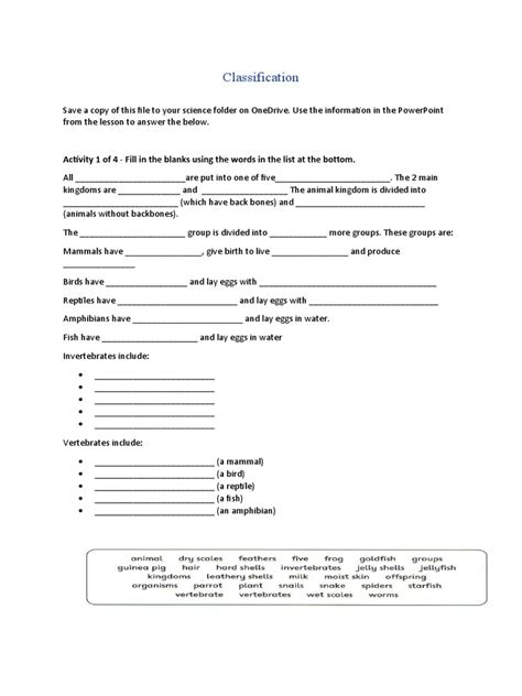 Classification Activity 1 Of 4 Fill In The Blanks Using The Words In
