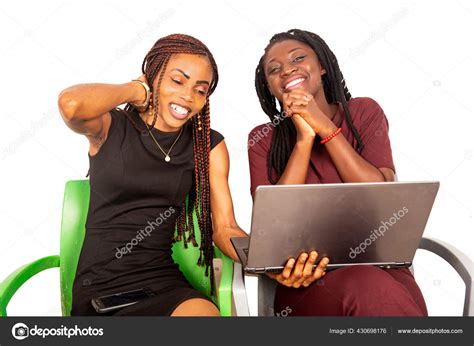 Two Young Women Sitting Chair Isolated White Background Laughing While