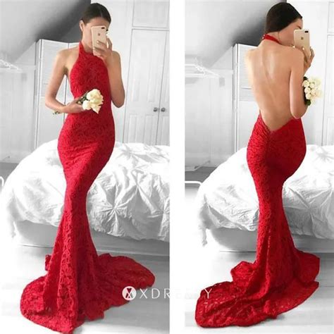 Sexy Backless Red Lace Slim Fit Mermaid Prom Dress Xdressy