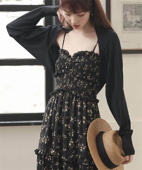 카디건 서스펜더 투피스 하트넥 끈나시 스트랩 스모크 밴딩 하이웨스트 플레어 프릴 트임 A라인 미디원피스 And 오픈 긴팔 솔리드 블랙 볼레로 가디건 세트 봄 여름