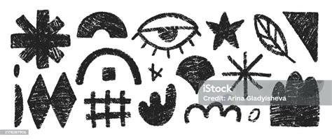 손으로 그린 연필 낙서 구불구불한 곡선 눈 모서리 및 별 추상적인 펑키한 모양과 화살표 와 크레용 또는 분필 질감 어린아이 같은 벡터 그림입니다 구름에 대한 스톡 벡터 아트