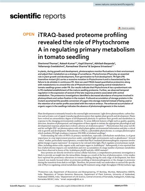 Pdf Itraq Based Proteome Profiling Revealed The Role Of Phytochrome A