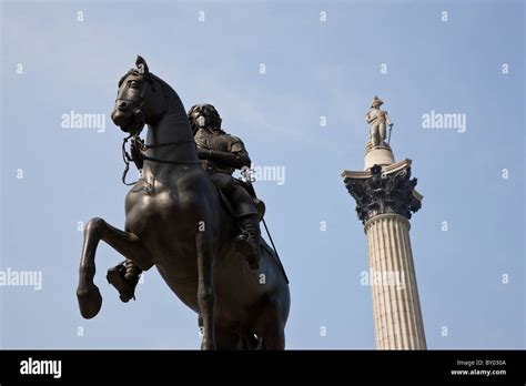 King Charles Statue With Nelson S Column In Trafalgar Square Stock Photo Alamy