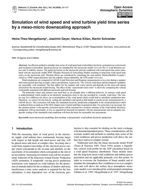 Simulation Of Wind Speed And Wind Turbine Yield Time Series By A Meso