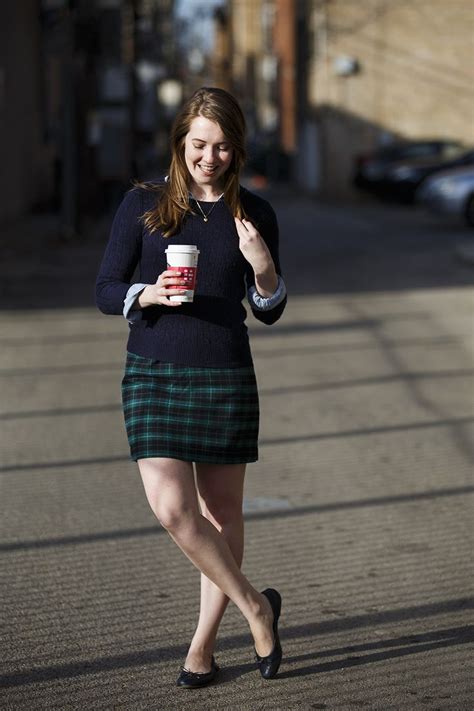 Layered Chambray And Navy Cable Knit Sweater Green Plaid Skirt