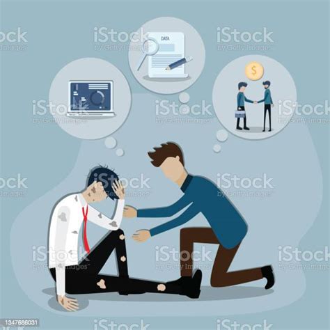 비즈니스 생존의 평면 사업가는 타박상 몸과 그의 친구가 자신의 사업을 복구하는 데 도움땅에 앉아 벡터 개념에 대한 스톡 벡터