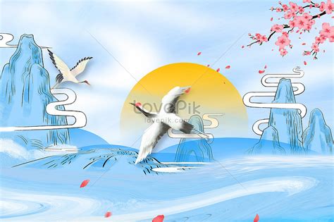 清新中國風格仙鶴背景圖圖片素材，國潮 背景圖 中國高清背景桌布圖案免費下載 Lovepik