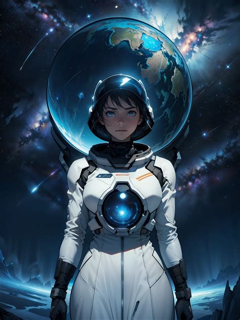 우주복을 입고 큰 지구본을 들고 있는 여성 Seaart Ai
