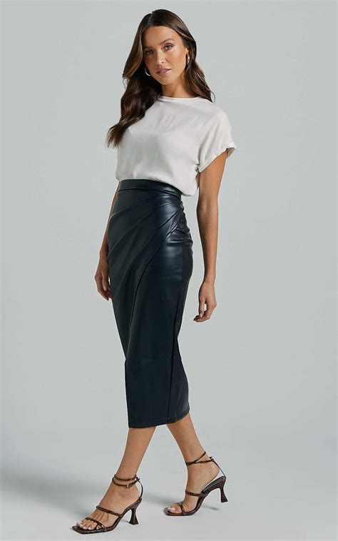 Gena Midi Skirt Split Faux Leather Skirt In Black Showpo Usa
