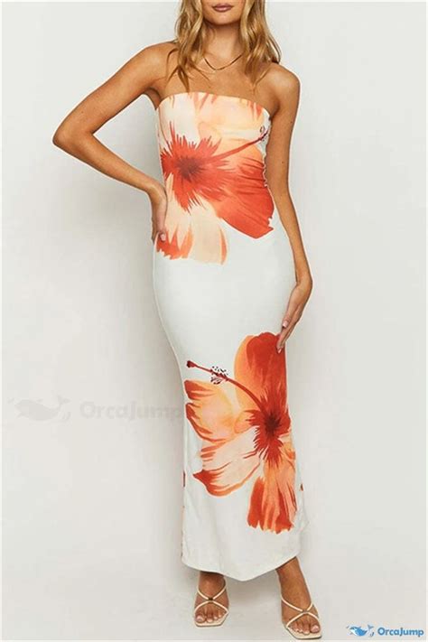 Orcajump Chic Printed Backless Strapless Maxi Dresses For Casual Wear