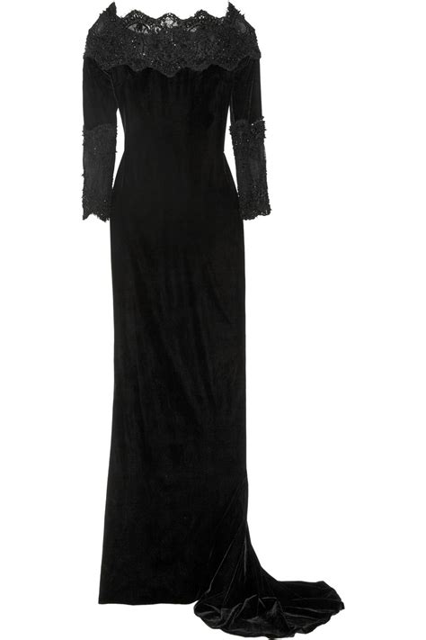 Lyst Marchesa Embellished Lace Trimmed Velvet Gown In Black