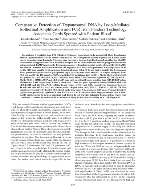 Pdf Comparative Detection Of Trypanosomal Dna By Loop Mediated Isothermal Amplification And