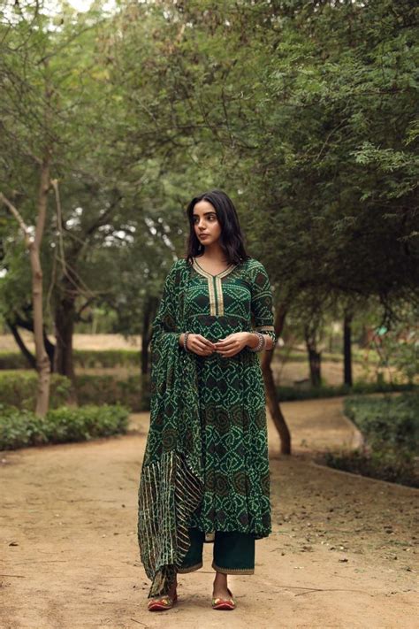 Green Bandhani Print Anarkali Suit Set Printed Anarkali Suits