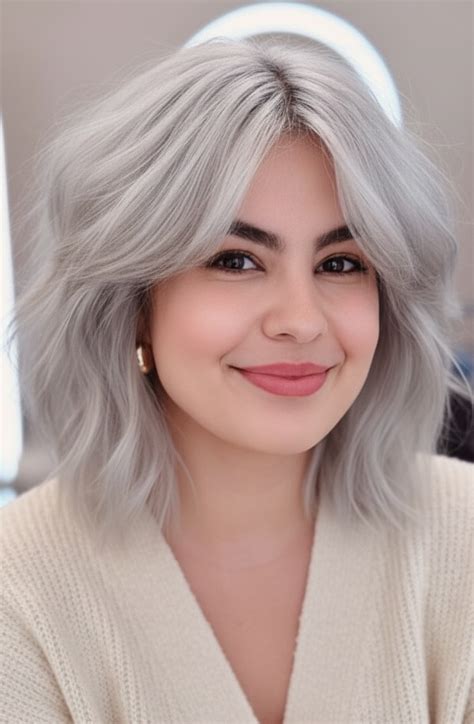 Silver Ash Blonde Layered Lob With Curtain Fringe Shoulder Length