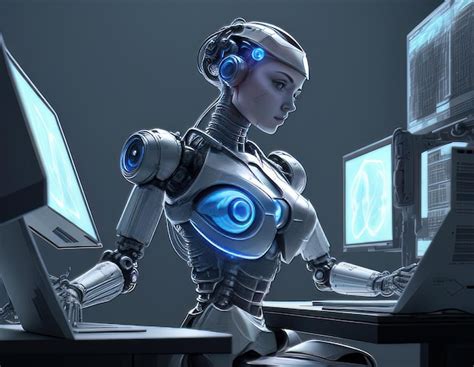 직장에서 Ai 컴퓨터 화면 생성 Ai에 네온 조명 방에 입력하는 미래 로봇 여자 사이버 여성 프리미엄 사진