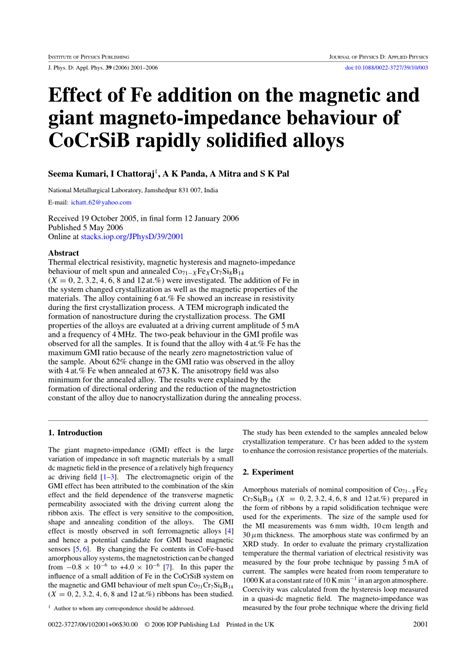 Pdf Effect Of Fe Addition On The Magnetic And Giant Magneto Impedance Behaviour Of Cocrsib