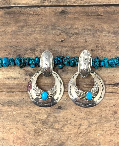 Signed Navajo Rb Turquoise Sterling Silver Dangle Earrings Native