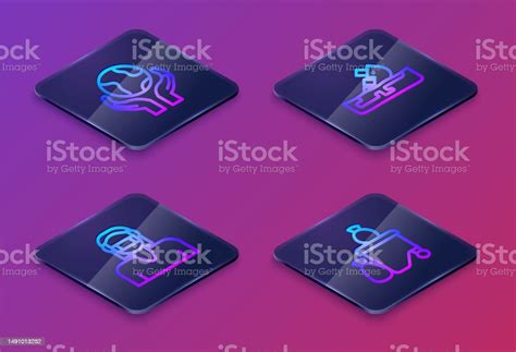 아이소메트릭 라인 세트 지구 지구본 안면 보호 마스크 난파된 유조선 및 전체 쓰레기통을 들고 있는 손 파란색 사각형 버튼입니다 벡터 3차원 형태에 대한 스톡 벡터 아트 및