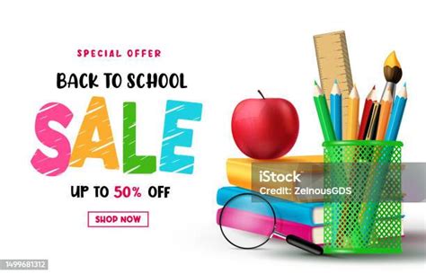 학교 판매 벡터 배너 디자인으로 돌아갑니다 공백으로 된 학교 특별 행사 텍스트 50퍼센트에 대한 스톡 벡터 아트 및 기타 이미지